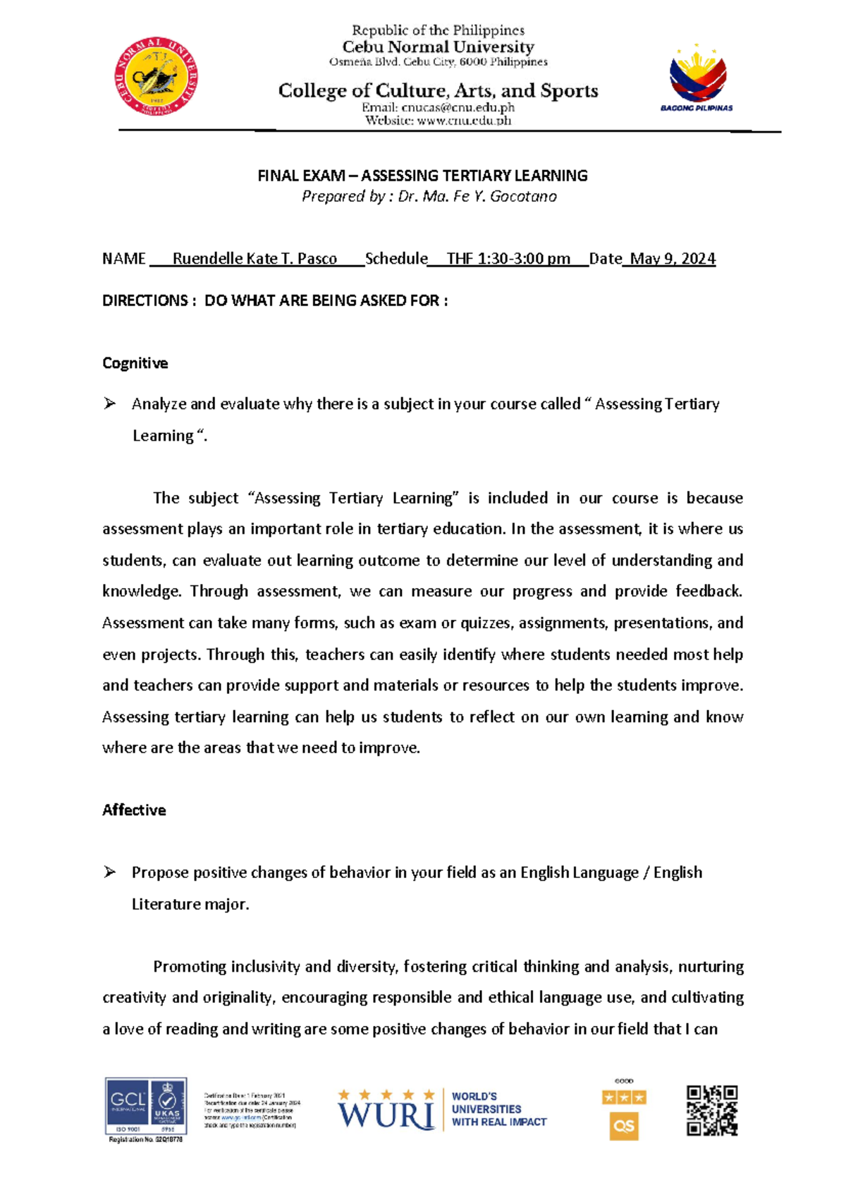 Final EXAM Assessing Tertiary Learning - FINAL EXAM – ASSESSING ...