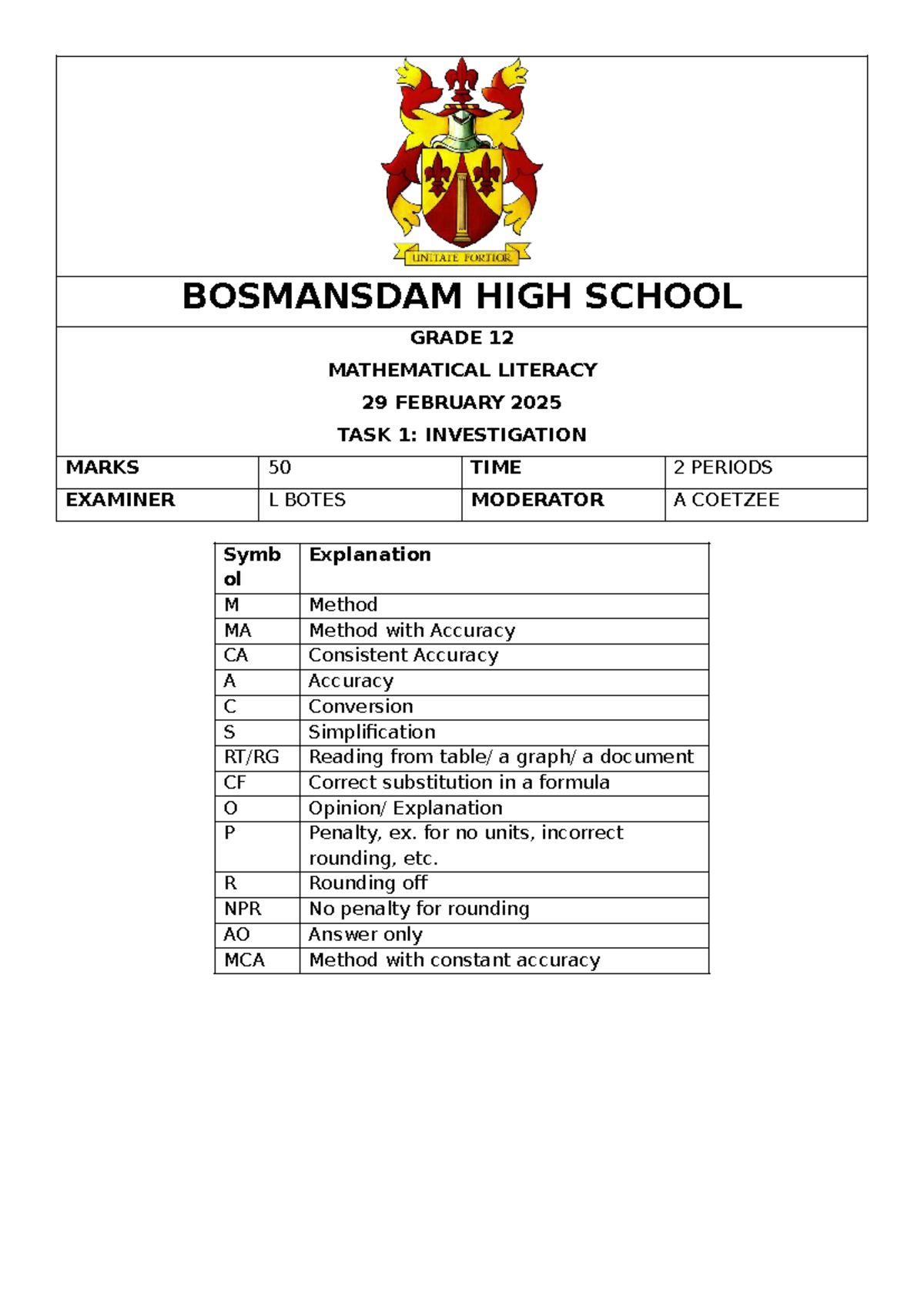 BOSMANSDAM HIGH SCHOOL GRADE 12 MATHEMATICAL LITERACY TASK 1 MEMO - Studocu