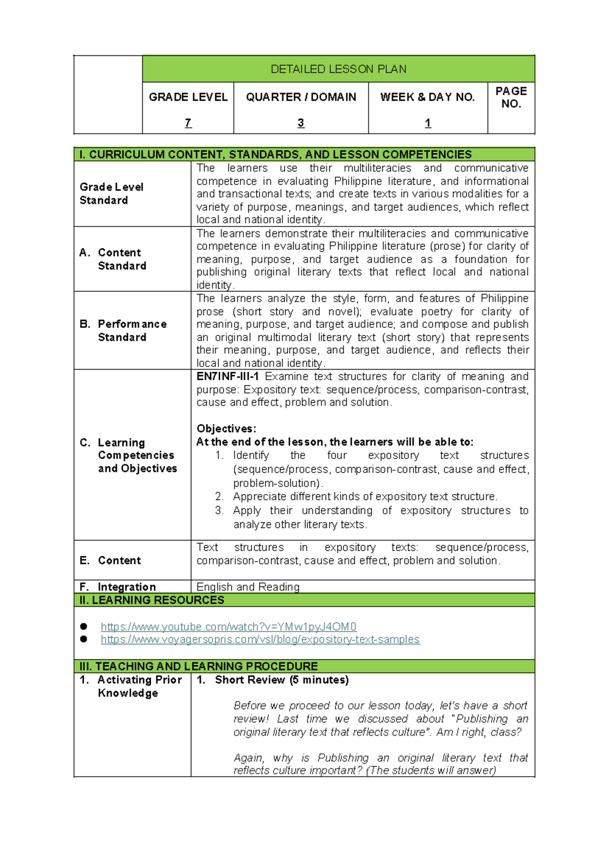 Detailed Lesson Plan for Grade 7: Expository Text Structures - Studocu