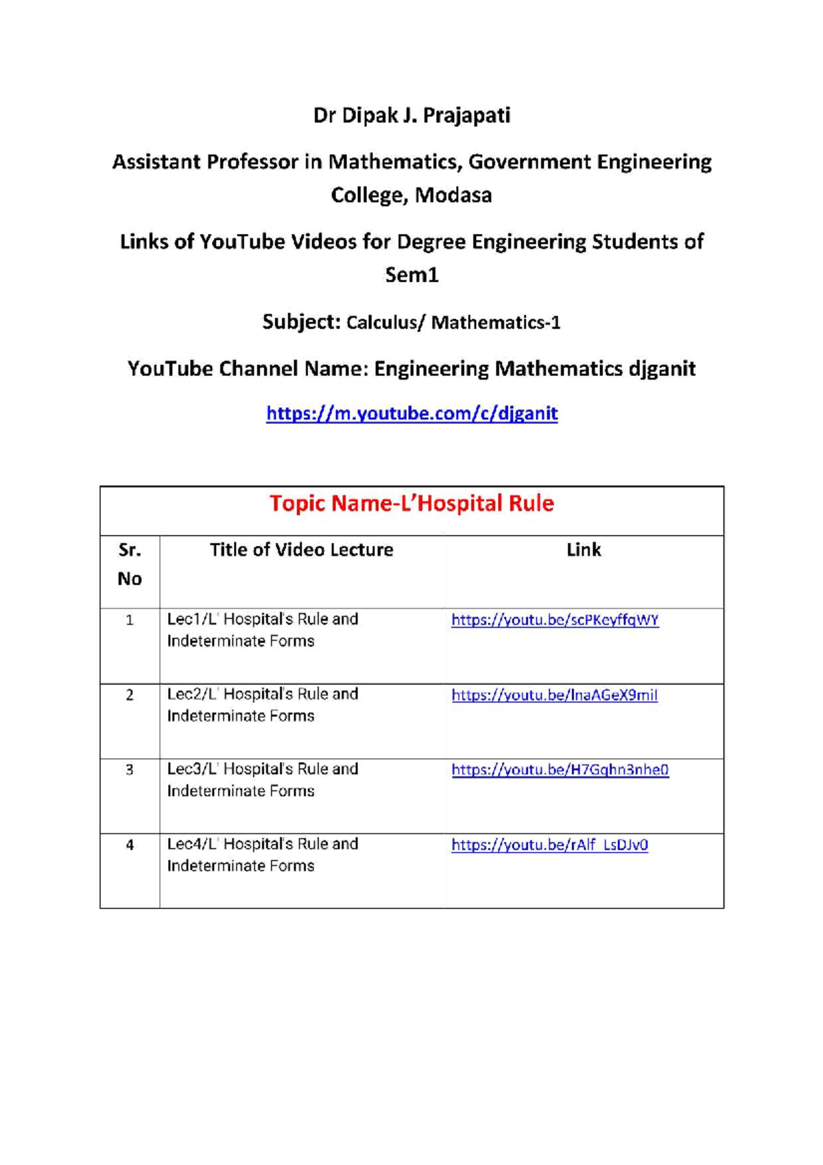 Mathematics-1 Calculus Video Lectures: YouTube Links for Sem1 Topics ...