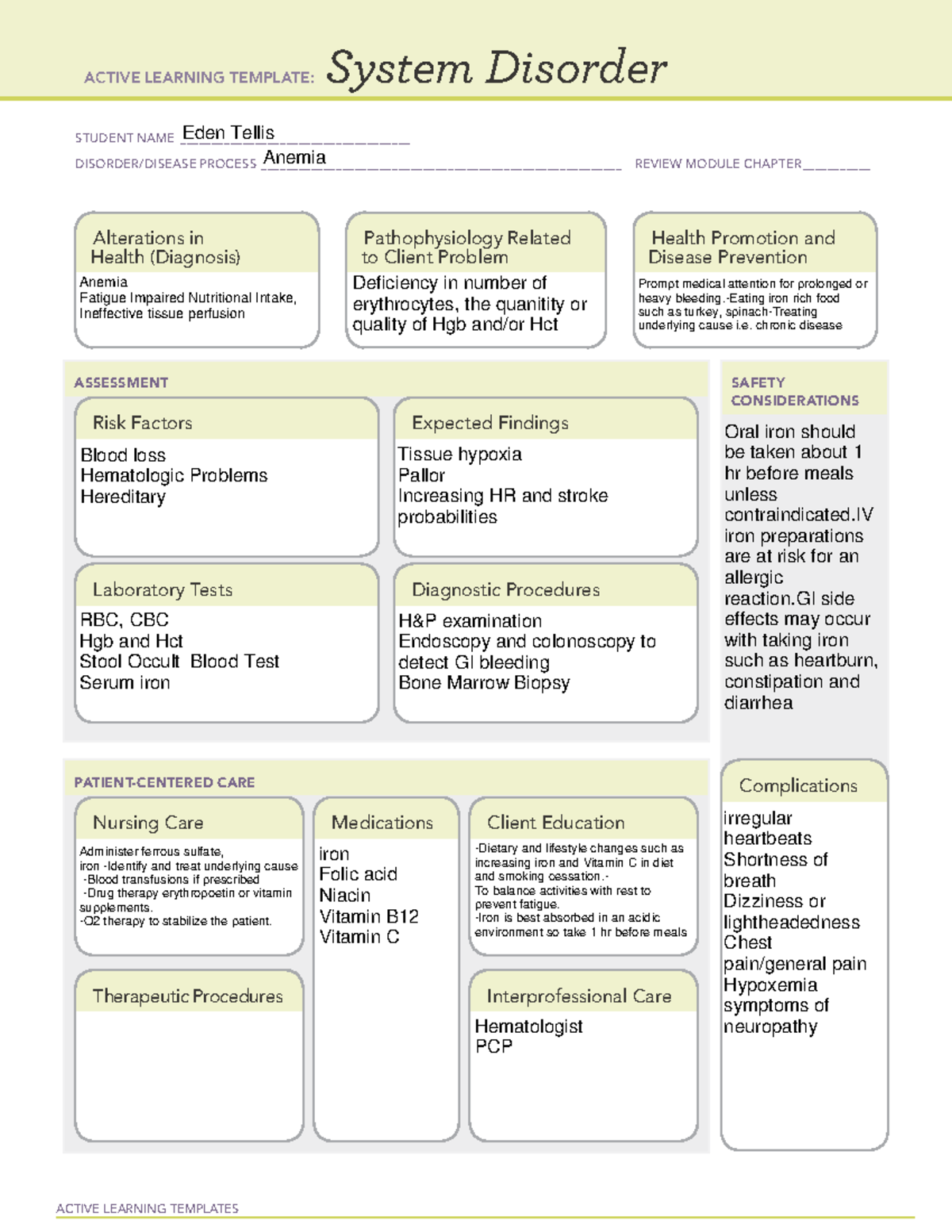 Anemia 112: Active Learning Template for Patient Care and Safety - Studocu