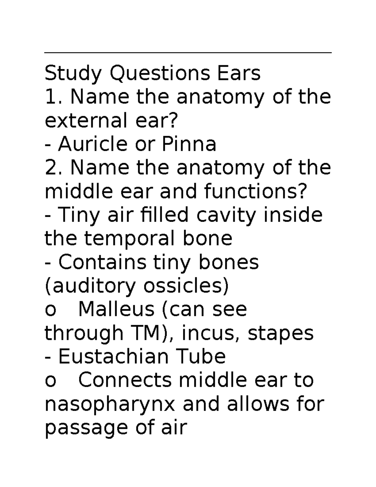 Study Questions Ears - Anatomy and Hearing Assessment Notes - Studocu
