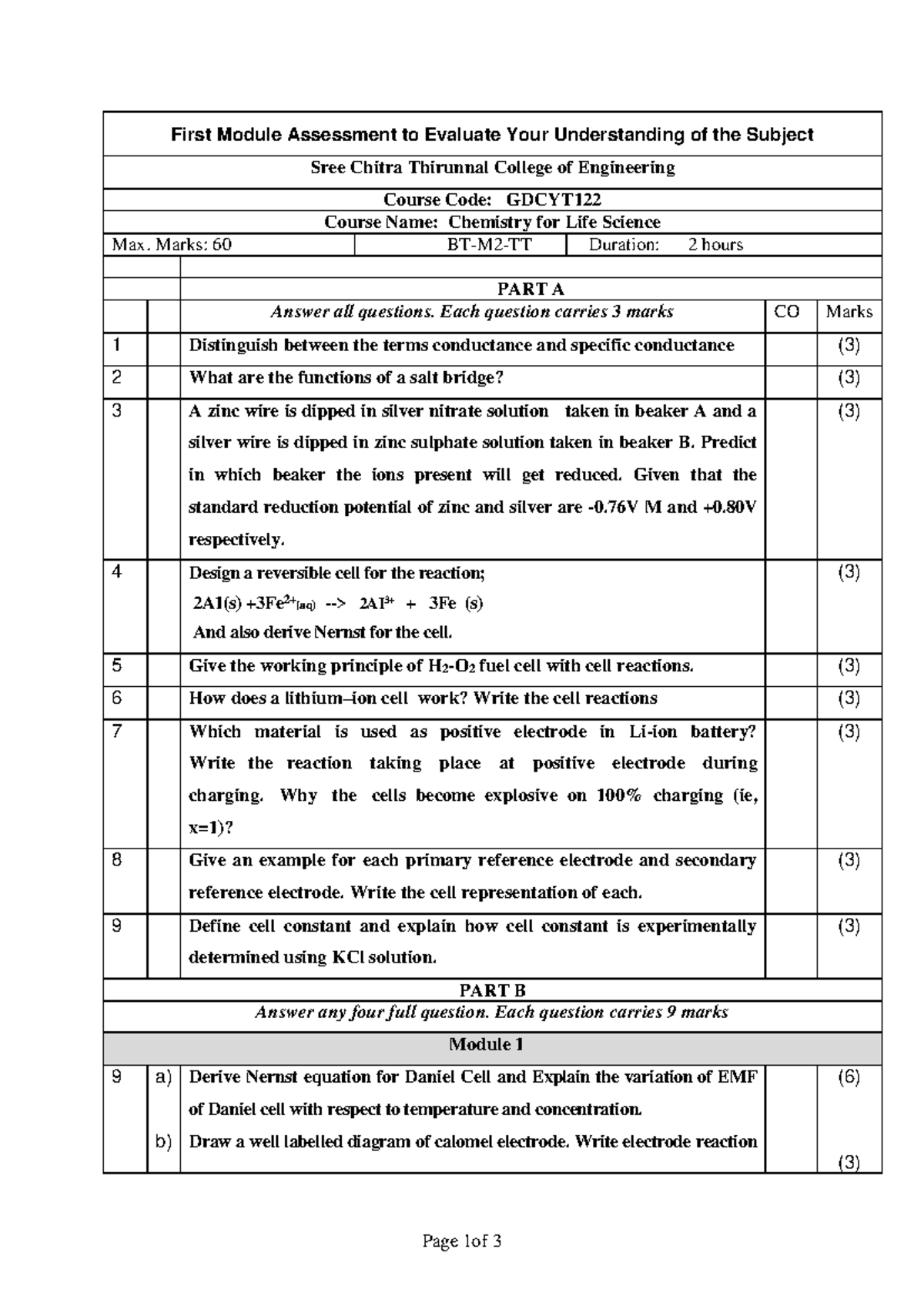 BT-Model Qns-Module 2 - model qp for chemistry for life science - Page 1 of 3 First Module - Studocu