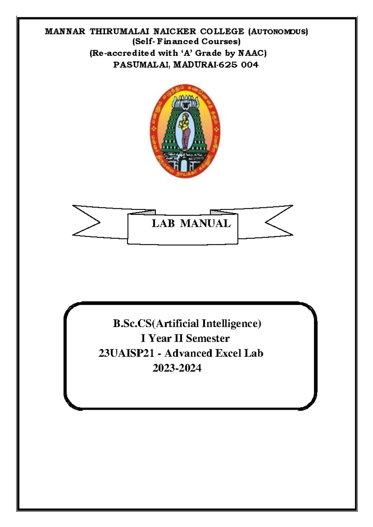 Advanced Excel Lab Manual - B.Sc.CS I Year II Sem 23UAISP21 - Studocu