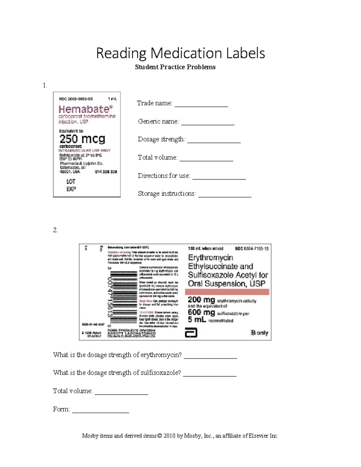 Reading Labels Practice Problems with Answers - Reading Medication ...