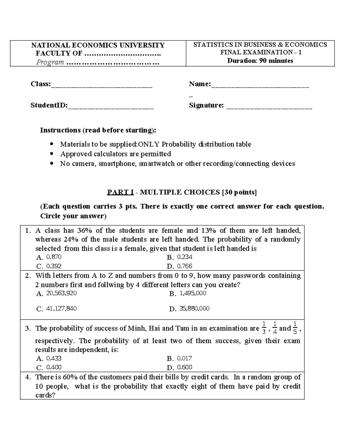 Final Exam in Probability & Statistics - STAT1001 (Mock Exam) - Studocu