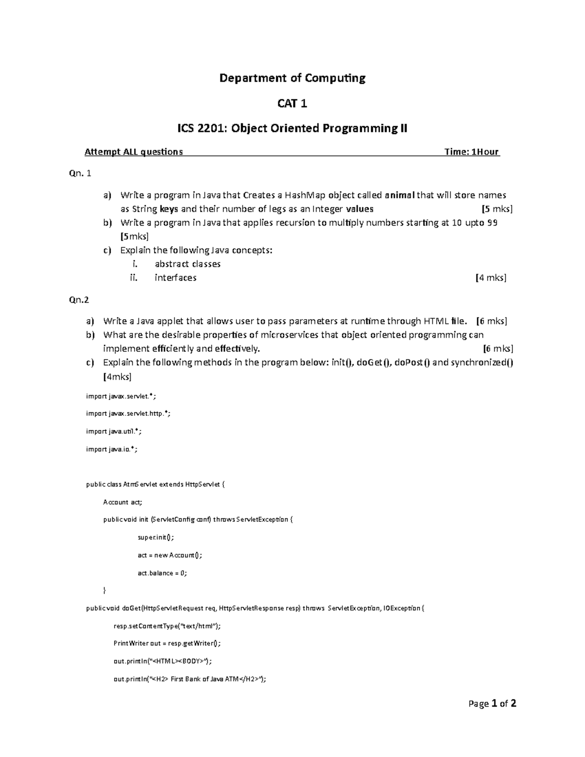 ICS 2201 OOP II - Java Assignment & Questions on Concepts - Studocu