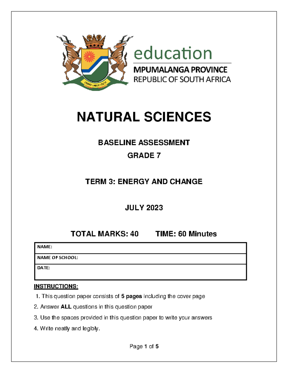 Grade 7 TERM 3 NST Baseline Assessment: Energy and Change 2023 - Studocu