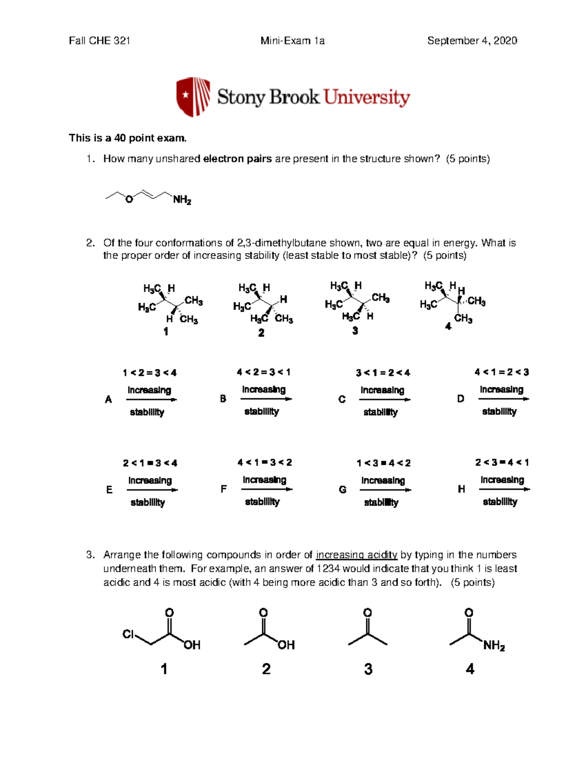 CHE 321 Mini-Exam 1a Fall 2020: Electron Pairs and Stability ...