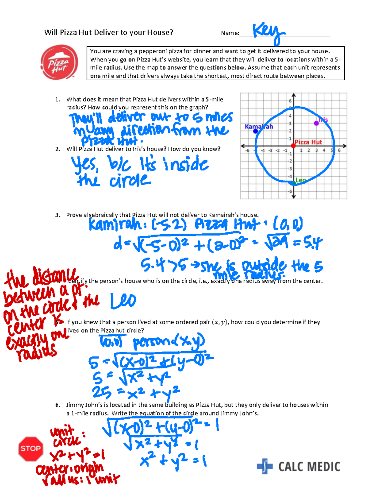 MATH 101: Answer Key for Circles and Delivery Radius Questions - Studocu