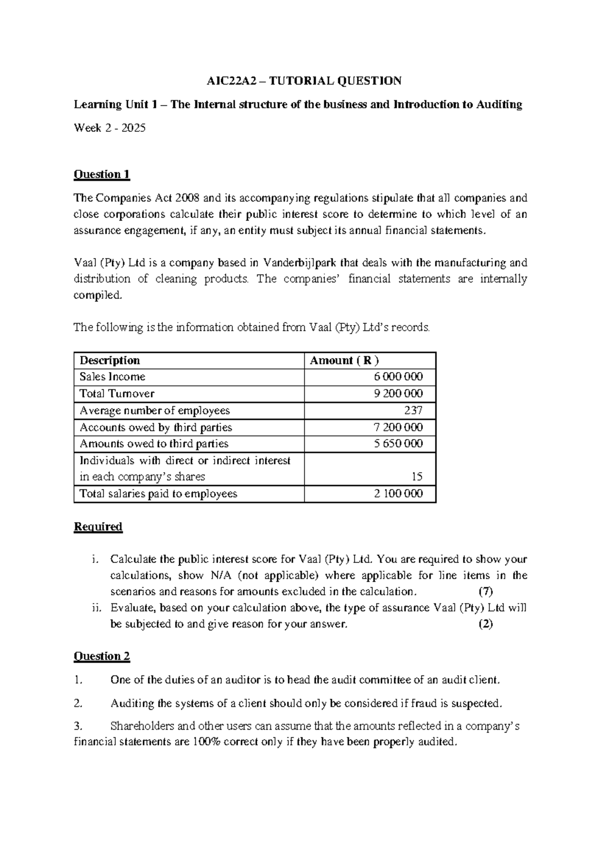 Unit 1 Tutorial Question - Week 2 - AIC22A2 – TUTORIAL QUESTION ...