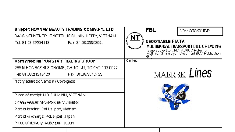 BL - Multimodal Transport Bill of Lading for HOANMY BEAUTY TRADING CO ...
