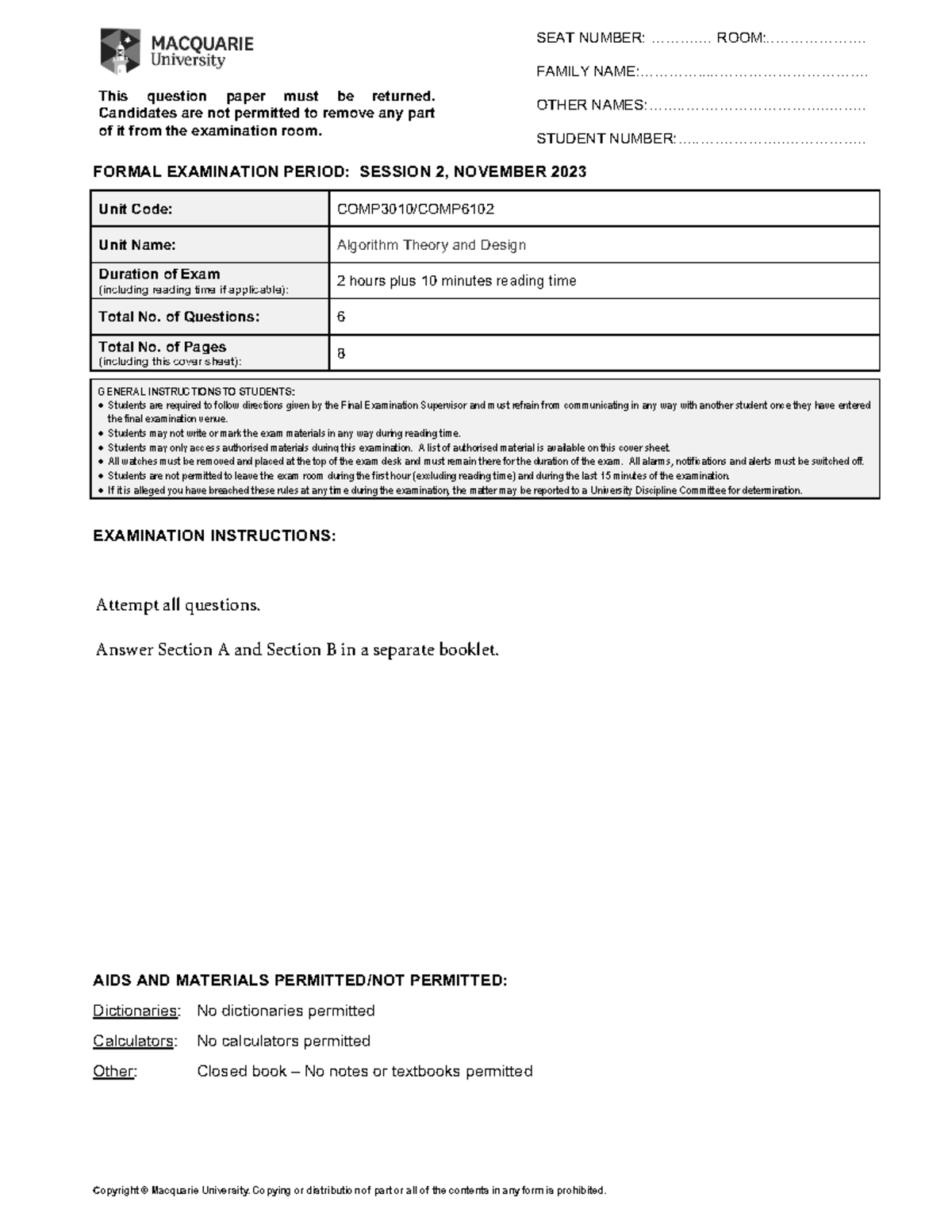 2023S2 Algorithm Theory & Design Final Exam Instructions - Studocu