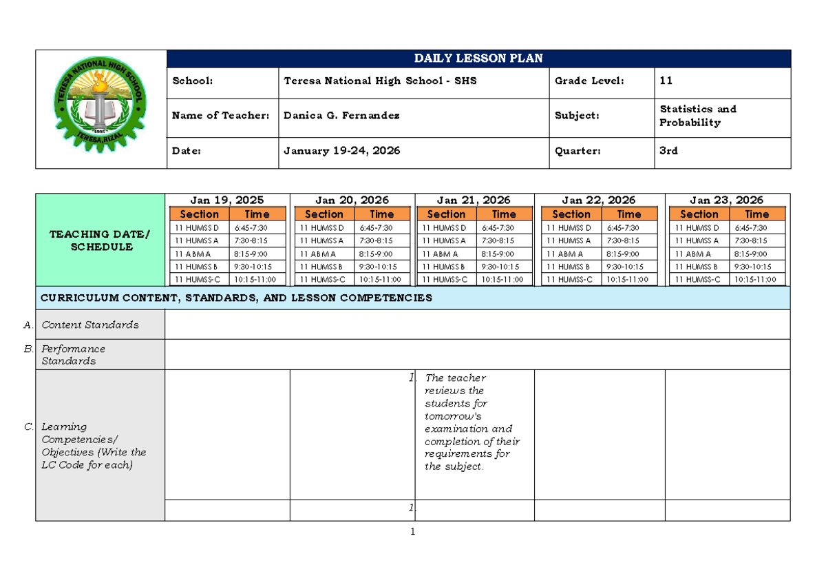 Stats 11 - Daily Lesson Plan for Statistics & Probability (Jan 2026 ...