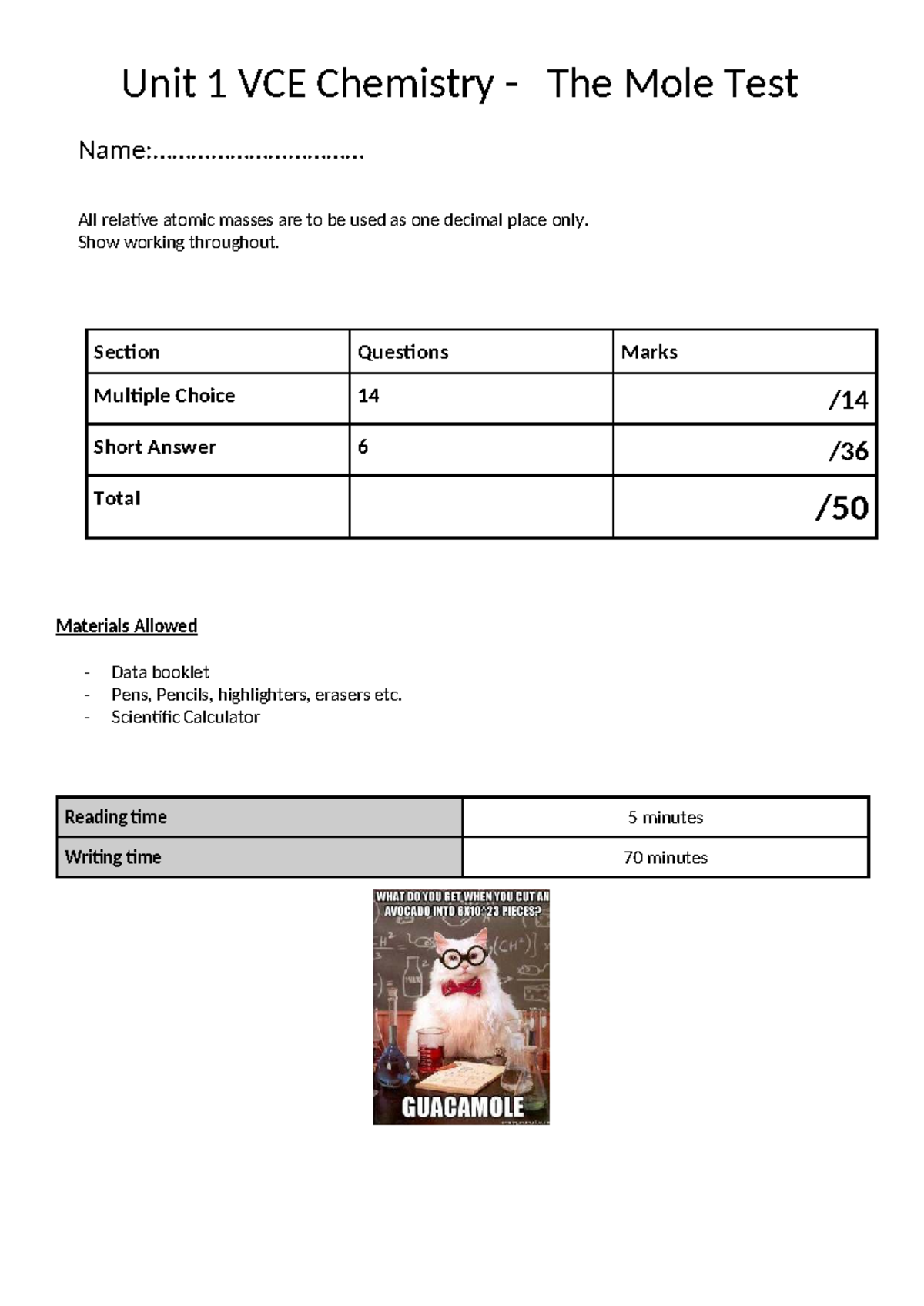 Unit 1 VCE Chemistry The Mole Test - Practice Exam 2021 - Studocu