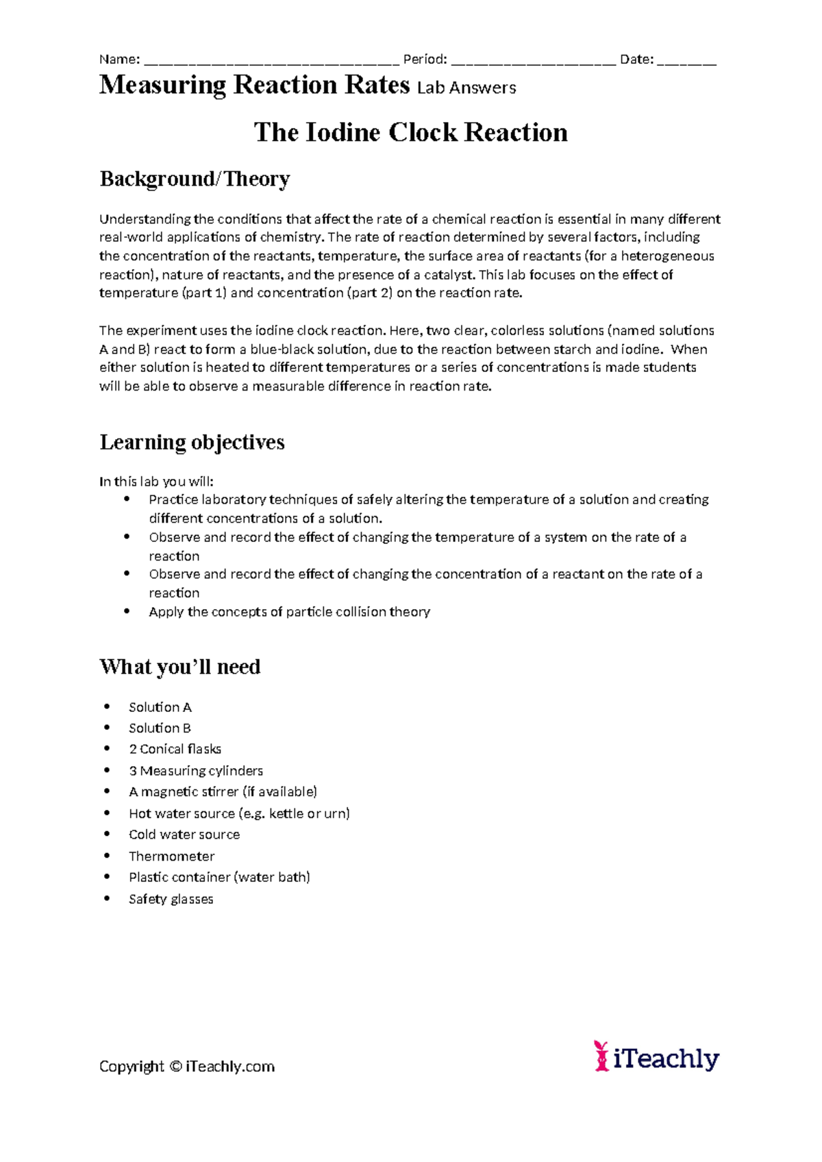 6.3 Iodine Clock Reaction Lab: Measuring Reaction Rates Answers - Studocu