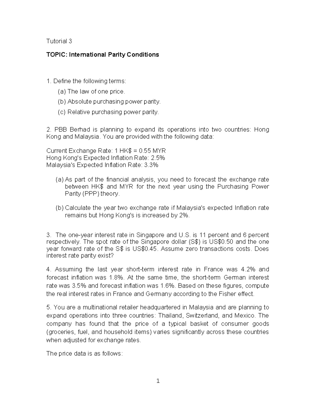 Tutorial 3: International Parity Conditions & Exchange Rate Analysis ...