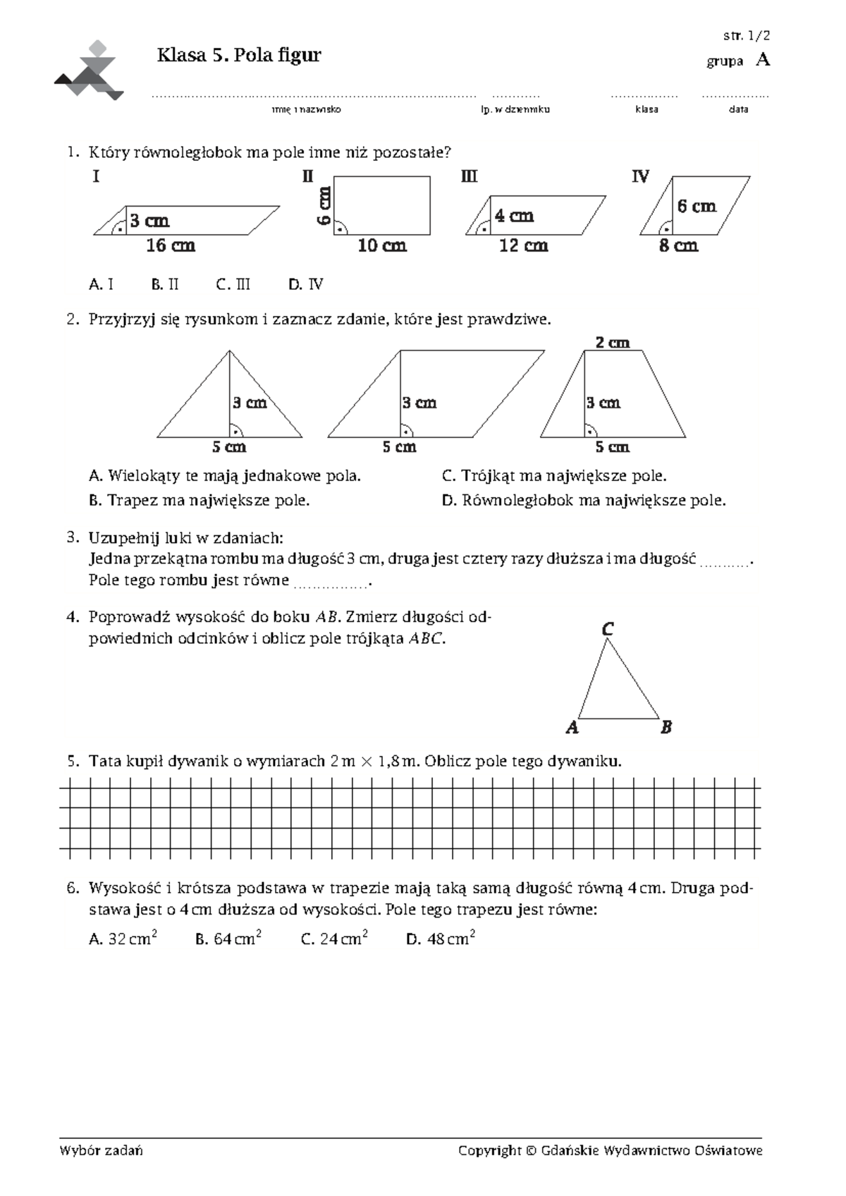 Klasa 5. Klasówka - Pola Figur i Obliczenia Geometrii - Studocu