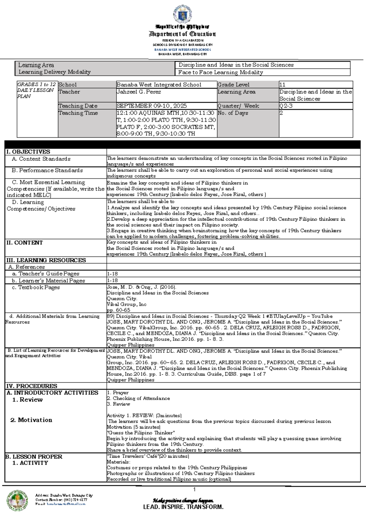 DISS 1-12 Q2 Week 2 Lesson Plan: 19th Century Filipino Thinkers - Studocu
