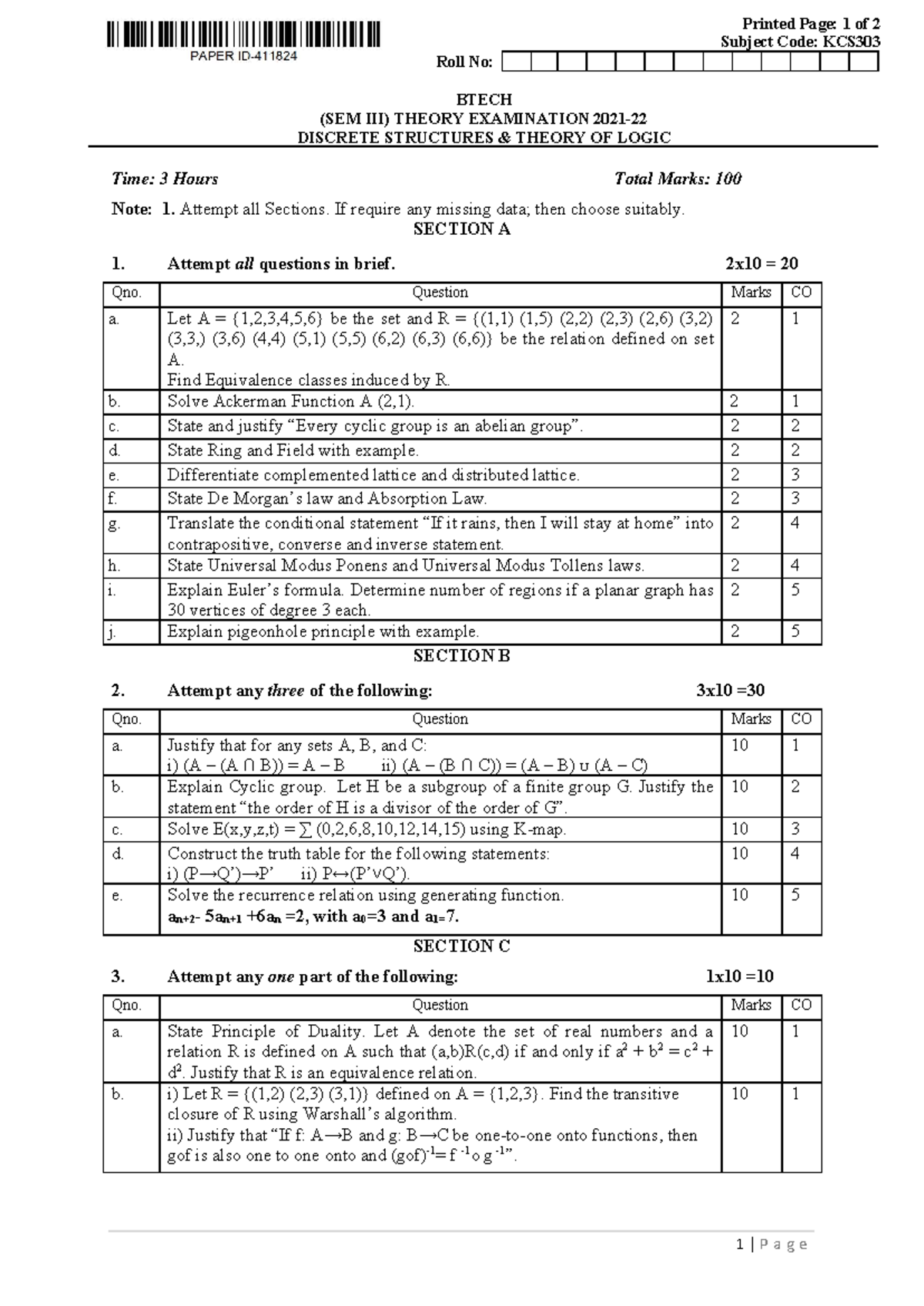 Btech cs 3 sem discrete structures and theory of logic kcs303 2022 - Printed Page: 1 of 2 ...
