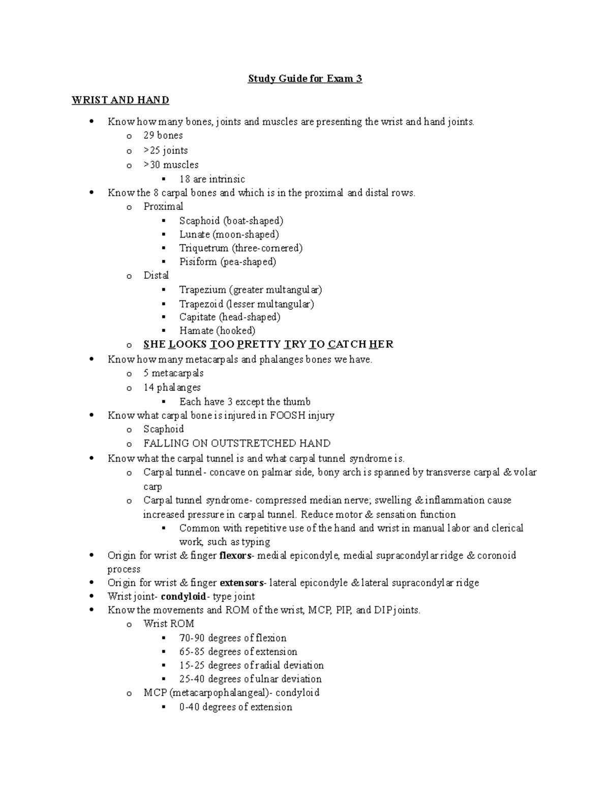 Exam 3 Study Guide: Wrist & Hand Anatomy and Biomechanics - Studocu