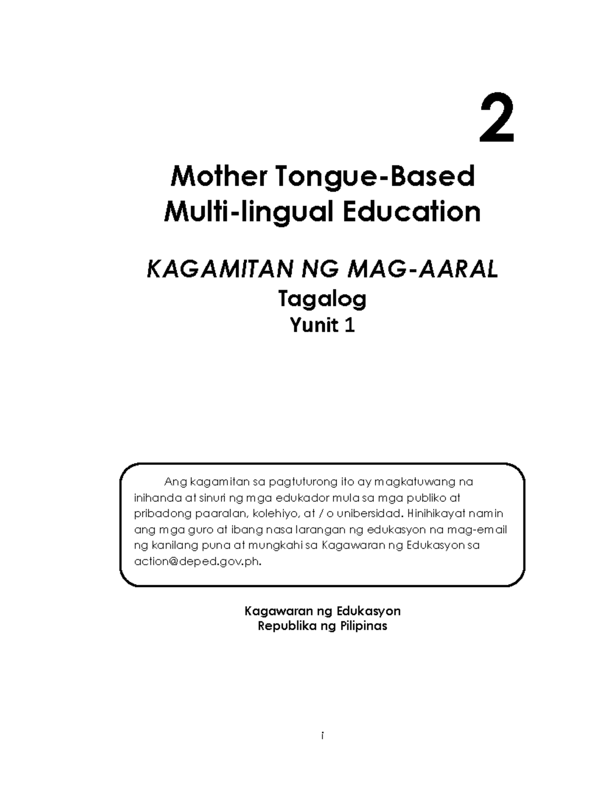 MTB-MLE Grade 2 Tagalog Unit 1 Learner’s Material - i 2 Mother Tongue ...