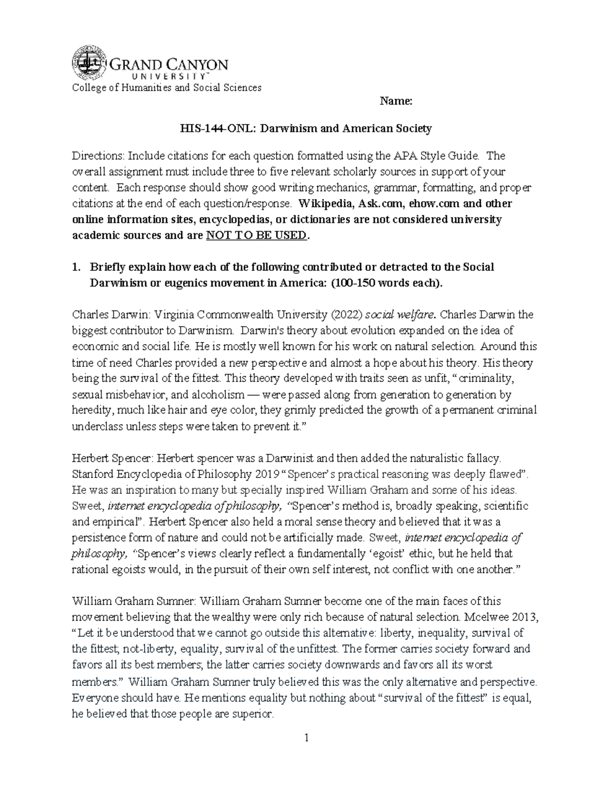 HIS-144-ONL: Darwinism and Its Impact on American Society Worksheet ...