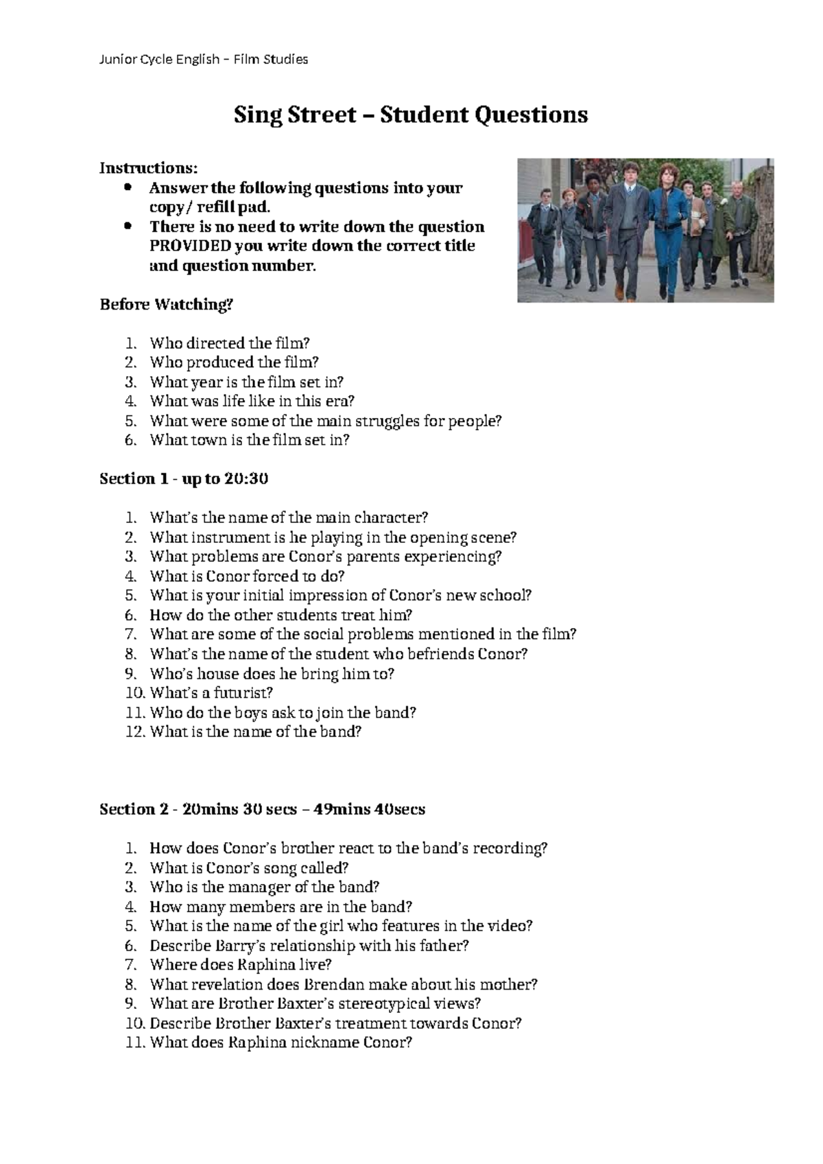 Junior Cycle English – Sing Street Student Questions Guide - Studocu