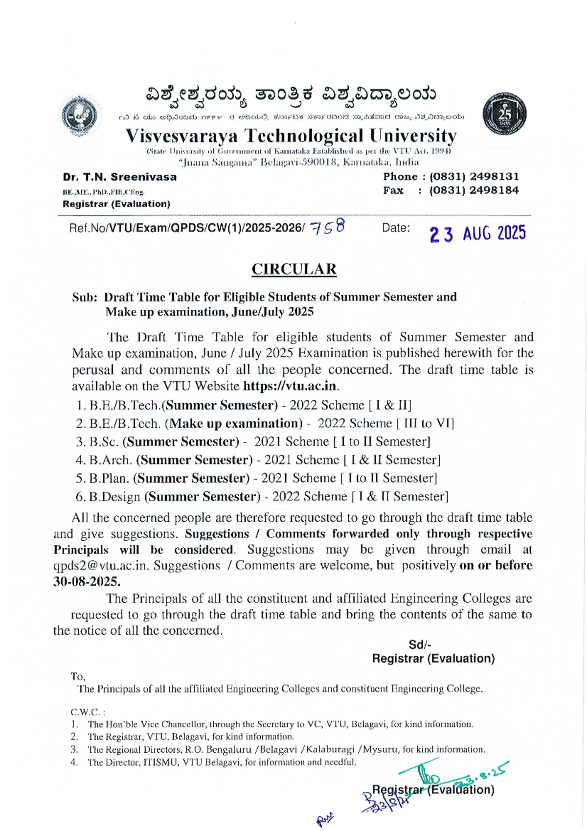Draft Time Table for Summer Semester & Make-up Exams 2025 - VTU - Studocu