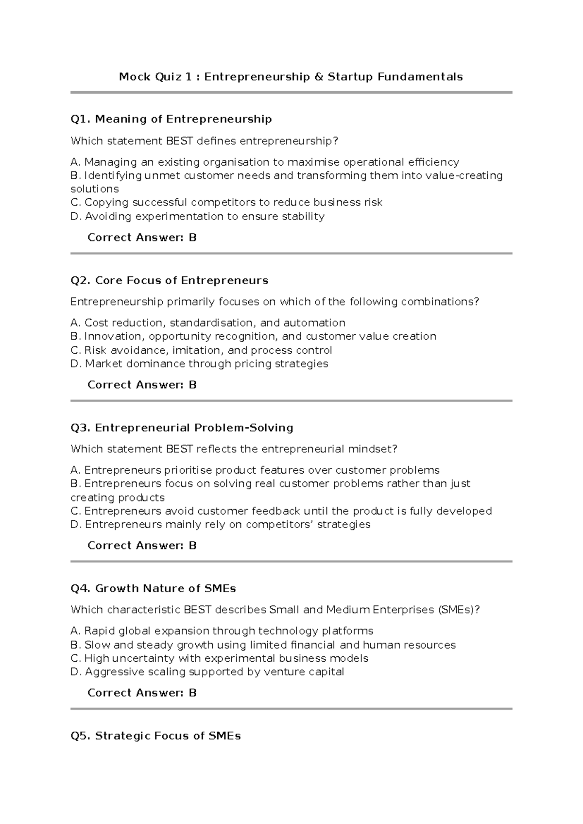 Mock Quiz 1: Entrepreneurship Startup Fundamentals and Lean Startup ...
