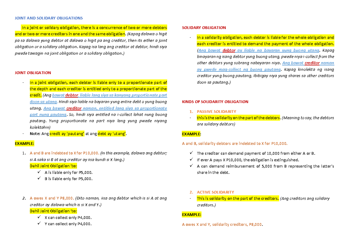Joint and Solidary Obligations: Understanding Debtors and Creditors ...
