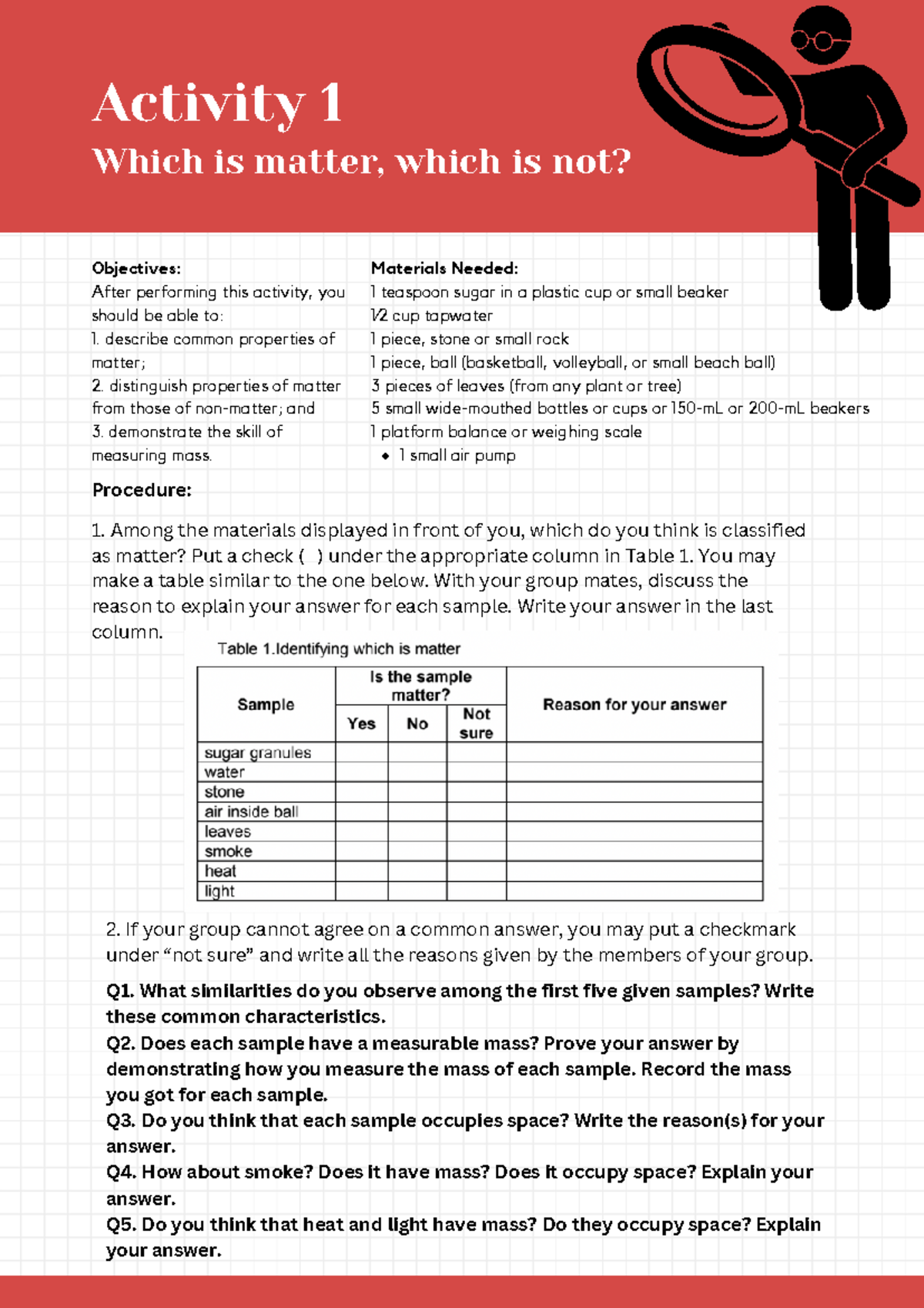 Activity 1 - which is matter, which is not - Activity 1 Objectives ...