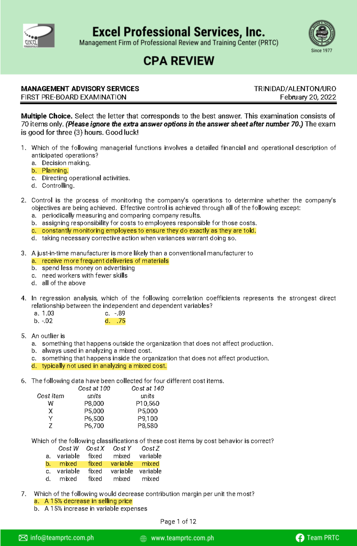 MANAGEMENT ADVISORY SERVICES FIRST EXAMINATION February 20, 2022 ...