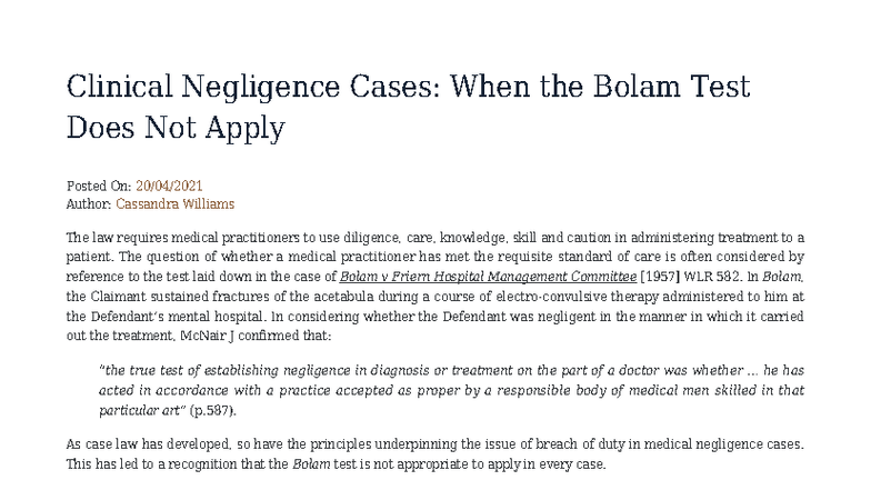 Clinical Negligence Cases: Beyond the Bolam Test Analysis - Studocu