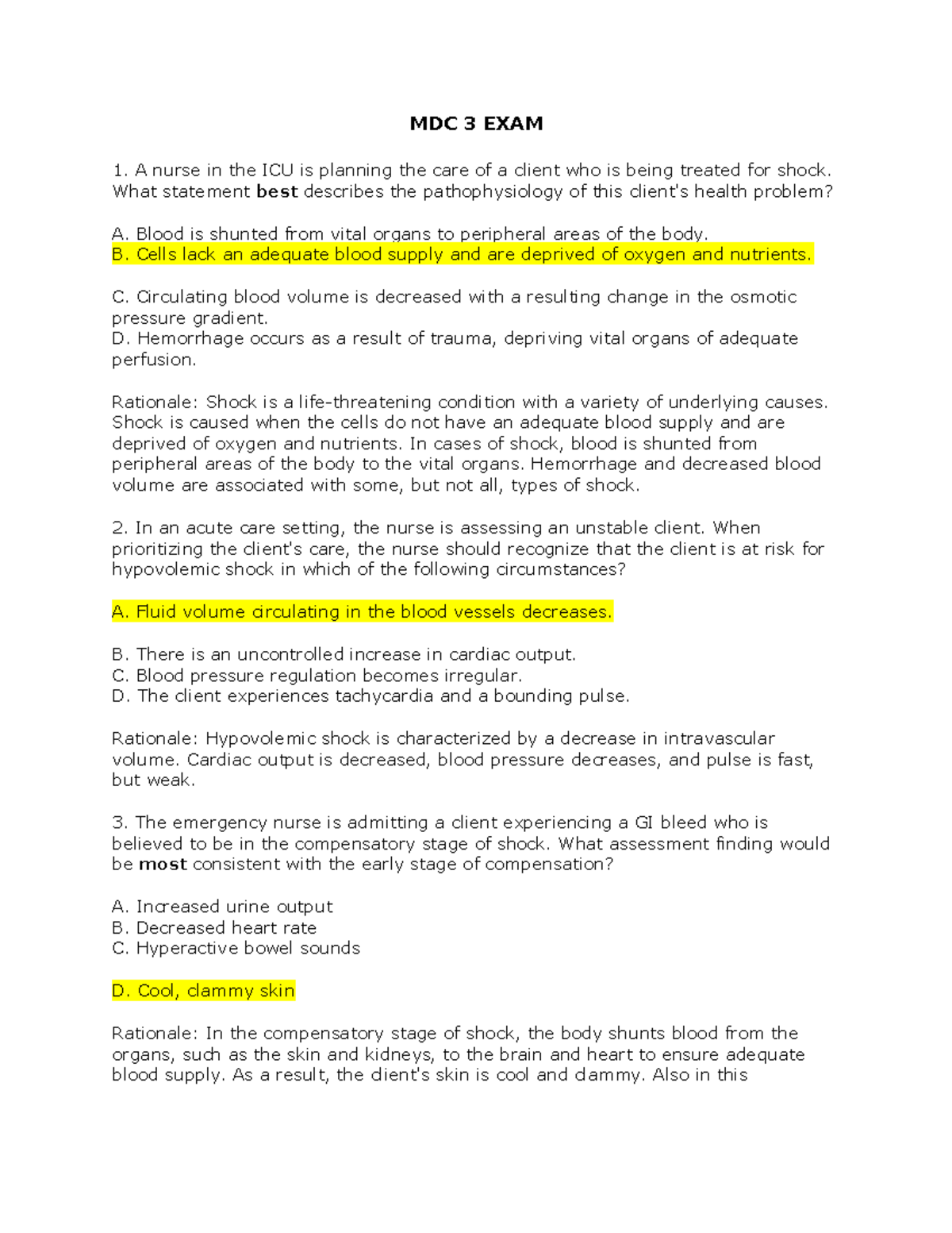 MDC 3 EXAM - mdc 3 exam 3 - MDC 3 EXAM A nurse in the ICU is planning ...