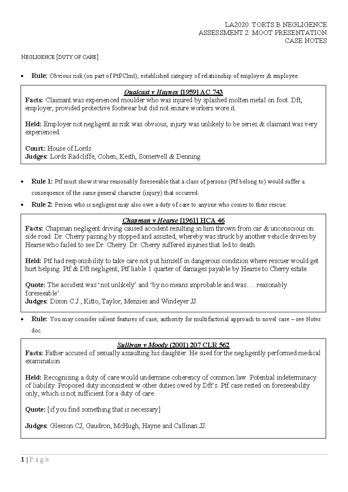 LA2020: TORTS B NEGLIGENCE ASSESSMENT 2 MOOT CASE NOTES - Studocu