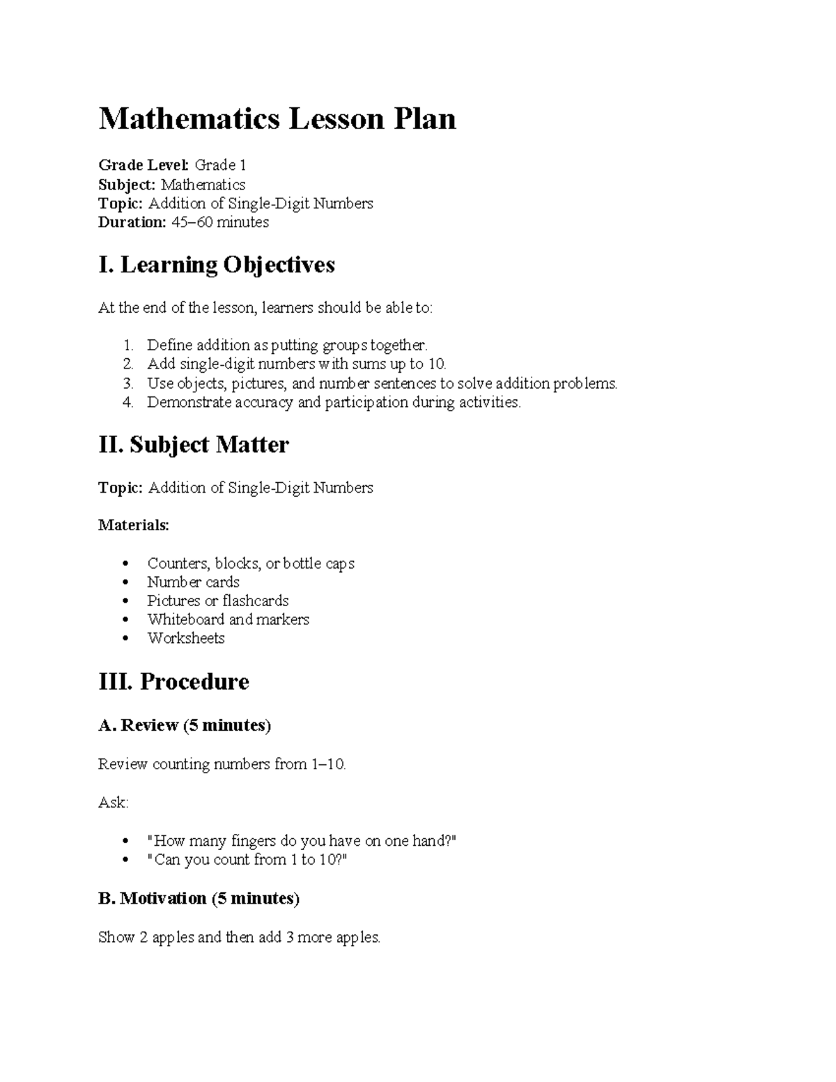 Math 1 Lesson Plan: Introduction to Addition for Grade 1 - Studocu
