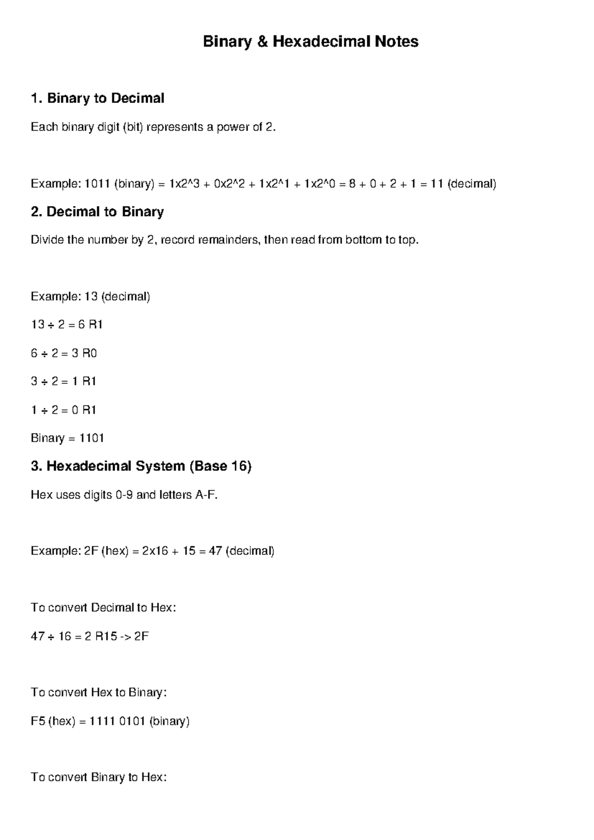 Binary and Hexadecimal Conversion Notes for CS101 - Studocu