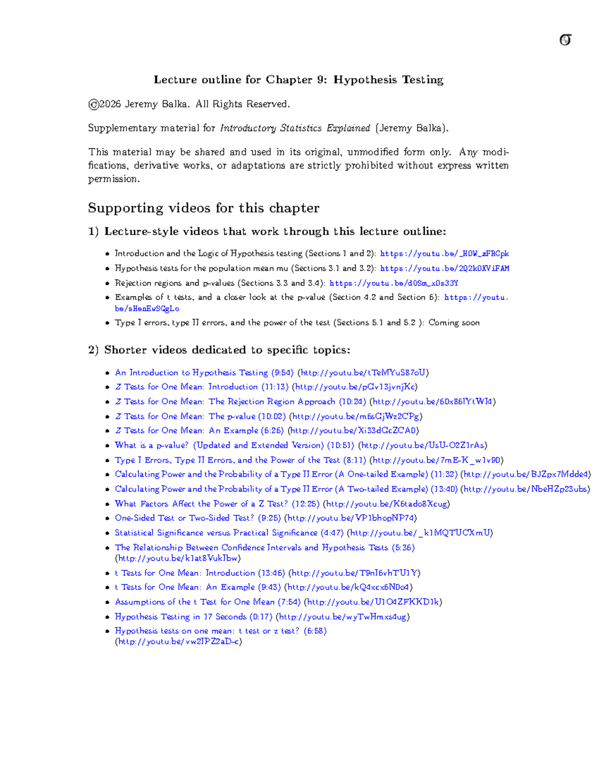 Chapter 9: Hypothesis Testing Lecture Outline (ISE 101) - Studocu