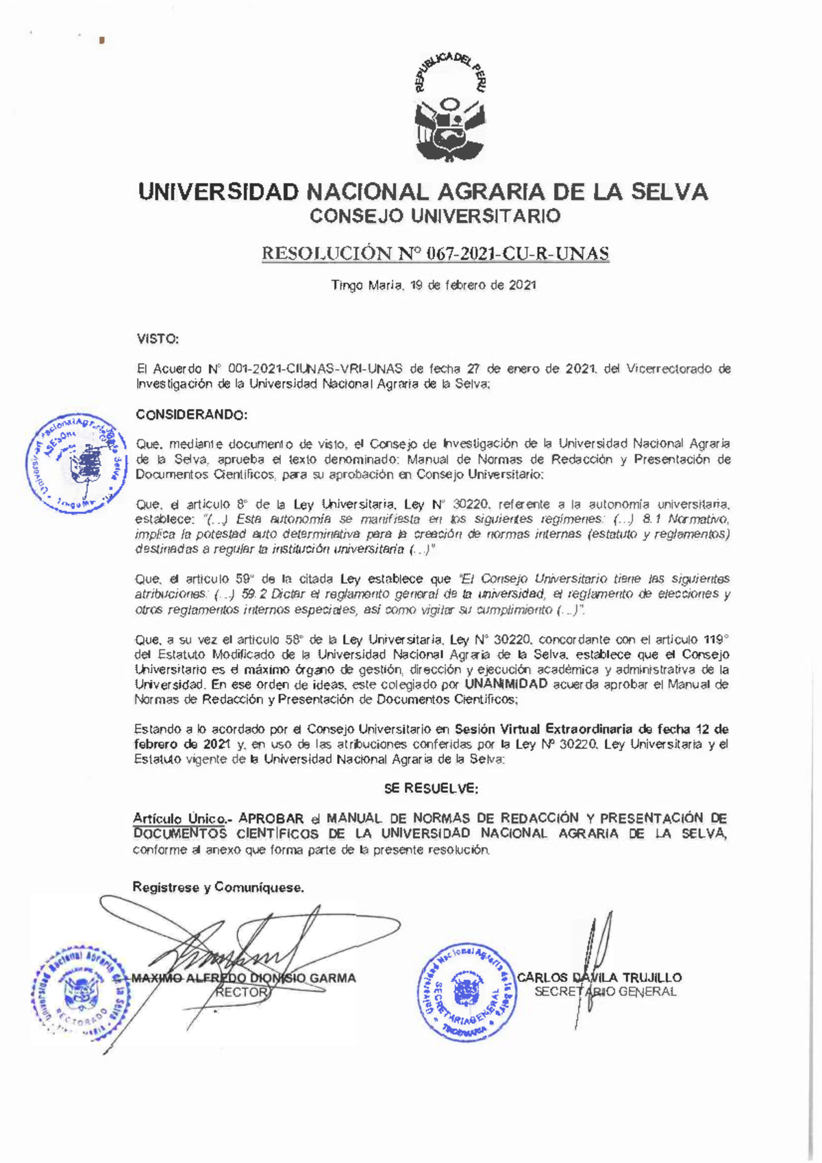 Resolución Nº 067-2021-CU-R-UNAS: Manual de Normas de Redacción ...