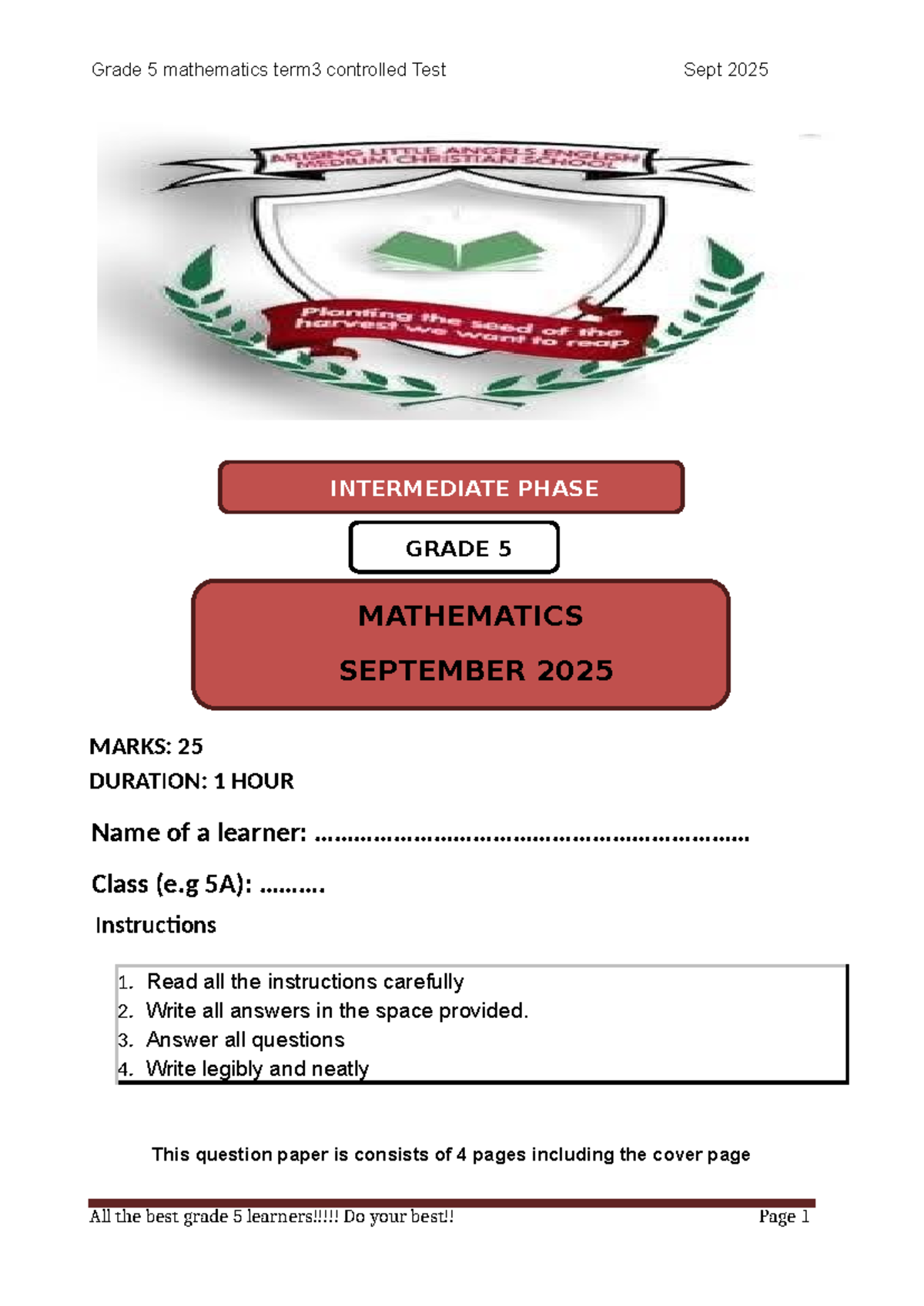 Grade 5 Mathematics Term 3 Controlled Test - September 2025 - Studocu