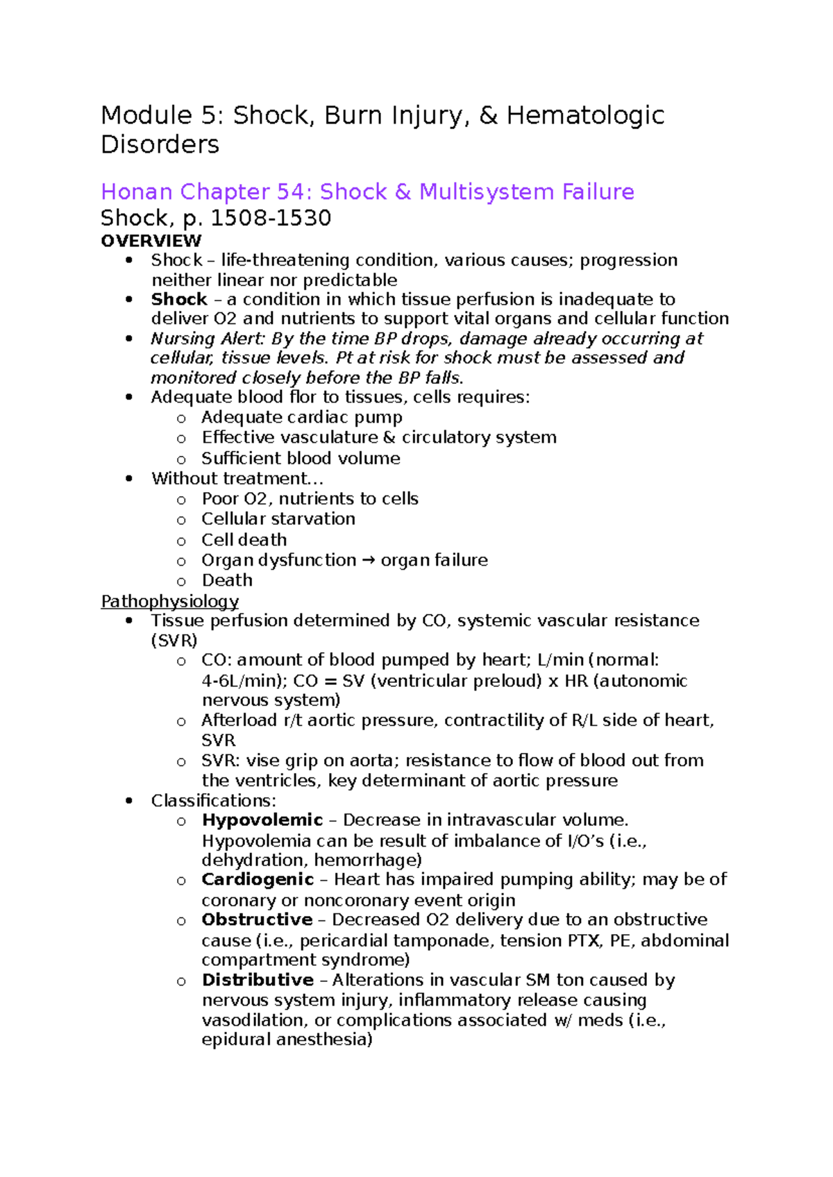 Module 5: Shock, Burn Injury, Hematologic Disorders - Key Concepts and ...