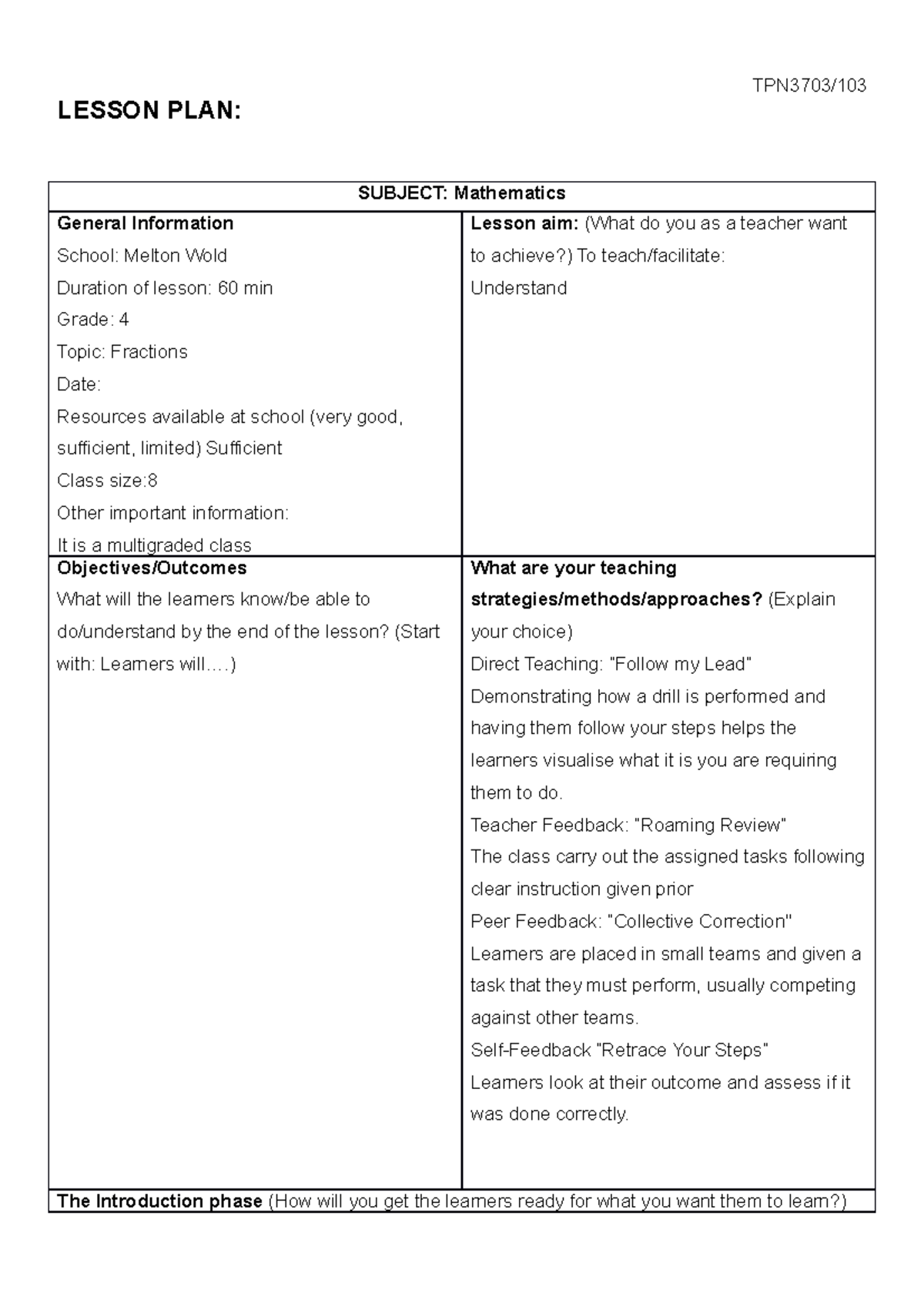 TPN3703 Lesson Plan: Teaching Fractions in Math for Grade 4 - Studocu