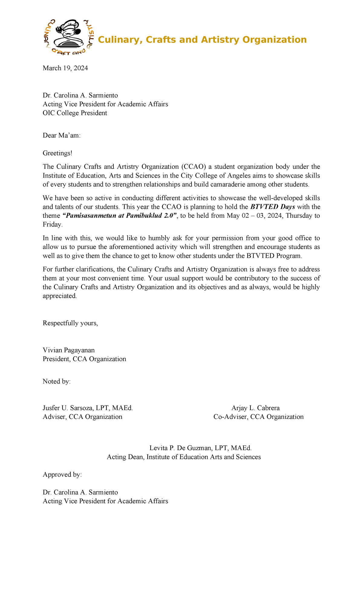 BTVTED Days Letter 2024: Request for Approval of Activities - Studocu