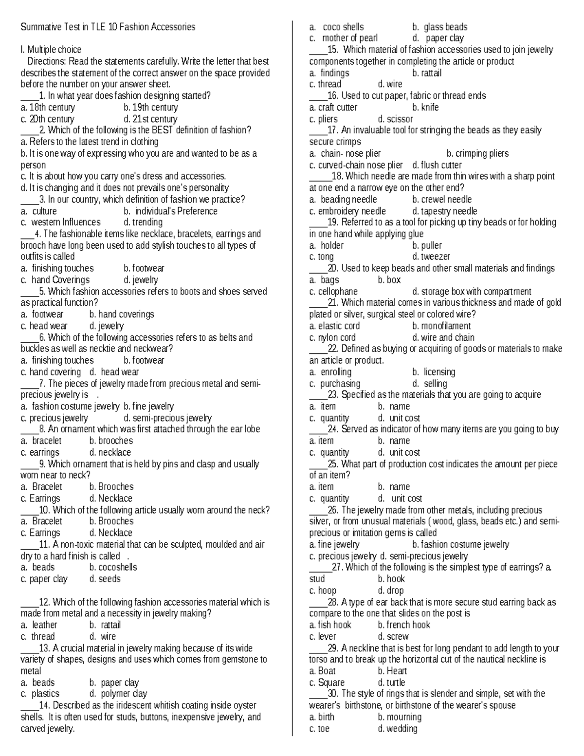 Revised Summative Test for TLE 10: Fashion Accessories (2nd Sem 2019-20 ...