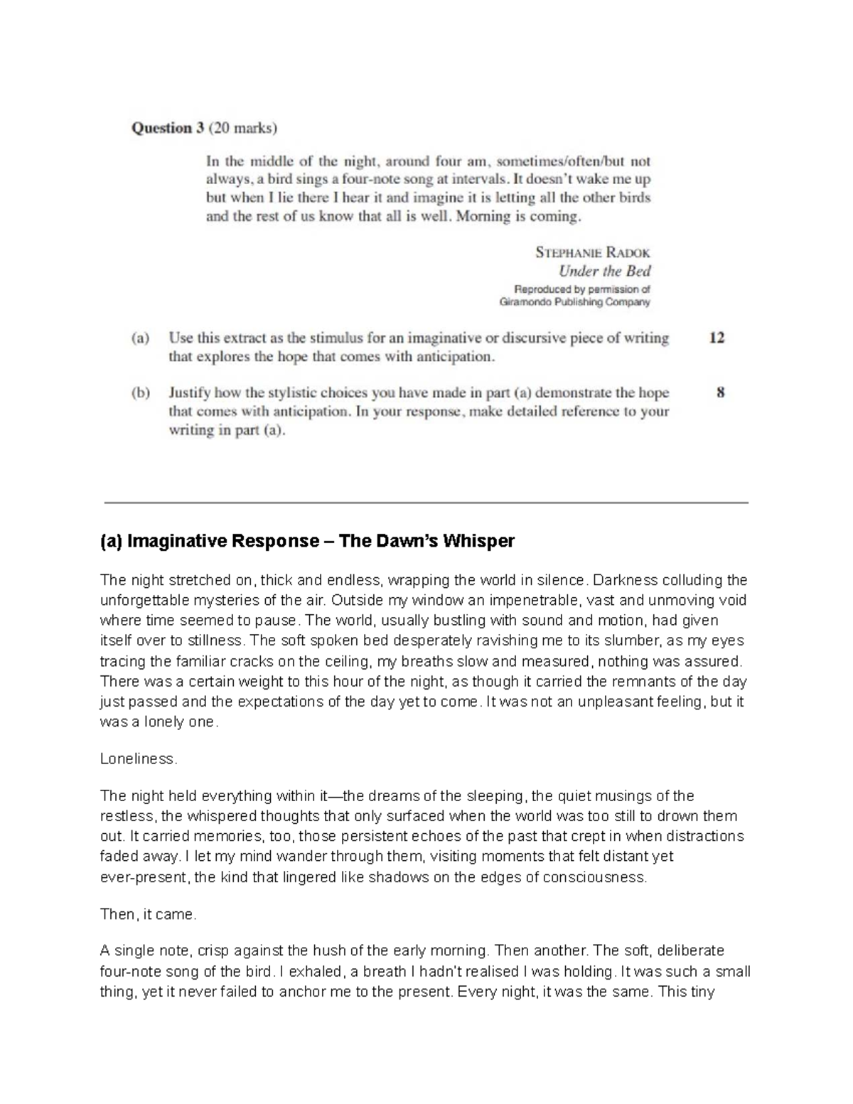 Module C Template Response - (a) Imaginative Response – The Dawn’s ...