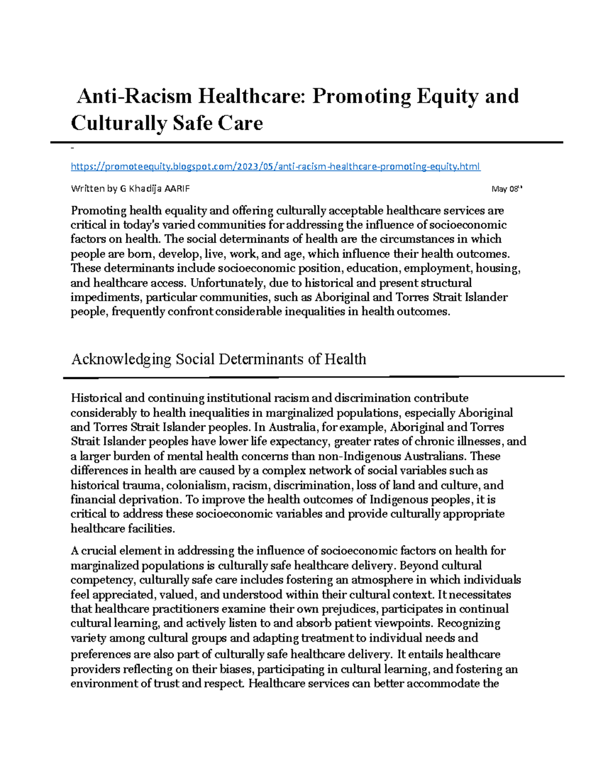 Cultural Studies Assessment: Anti-Racism in Healthcare Equity - Studocu