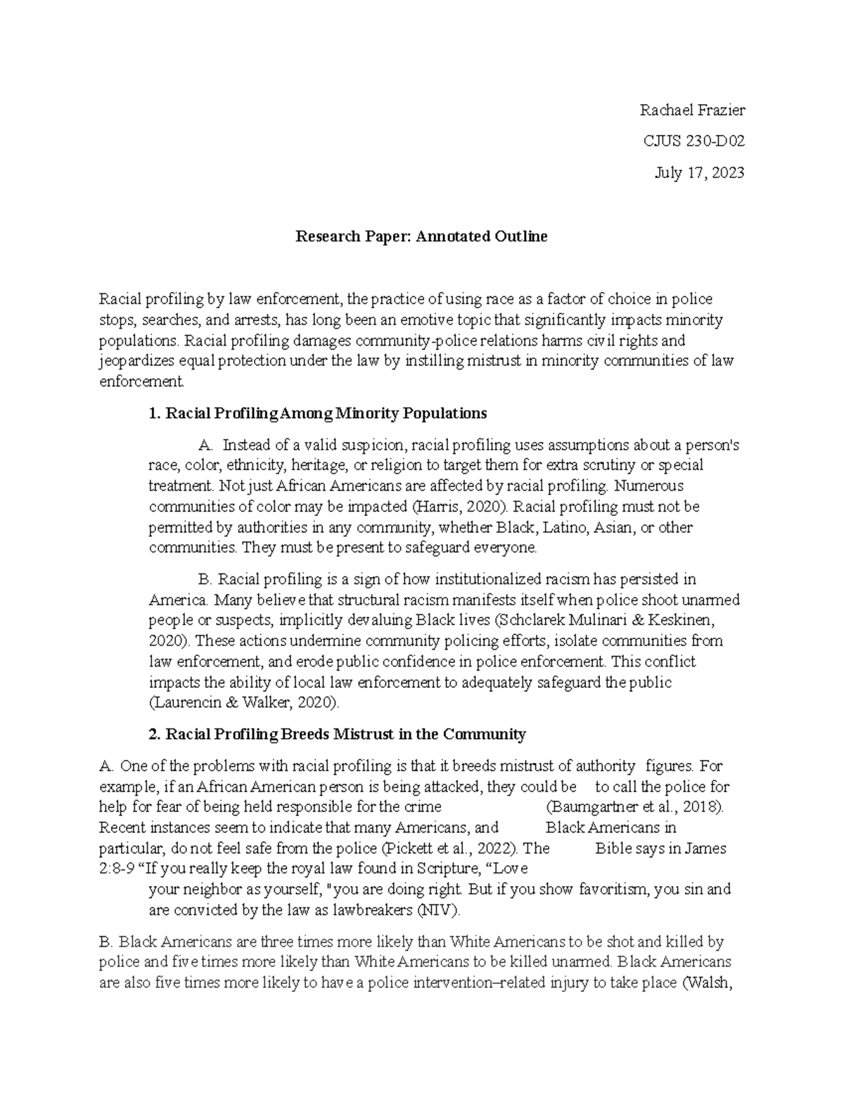CJUS 230-D Annotated Outline: Racial Profiling and Its Impact - Studocu