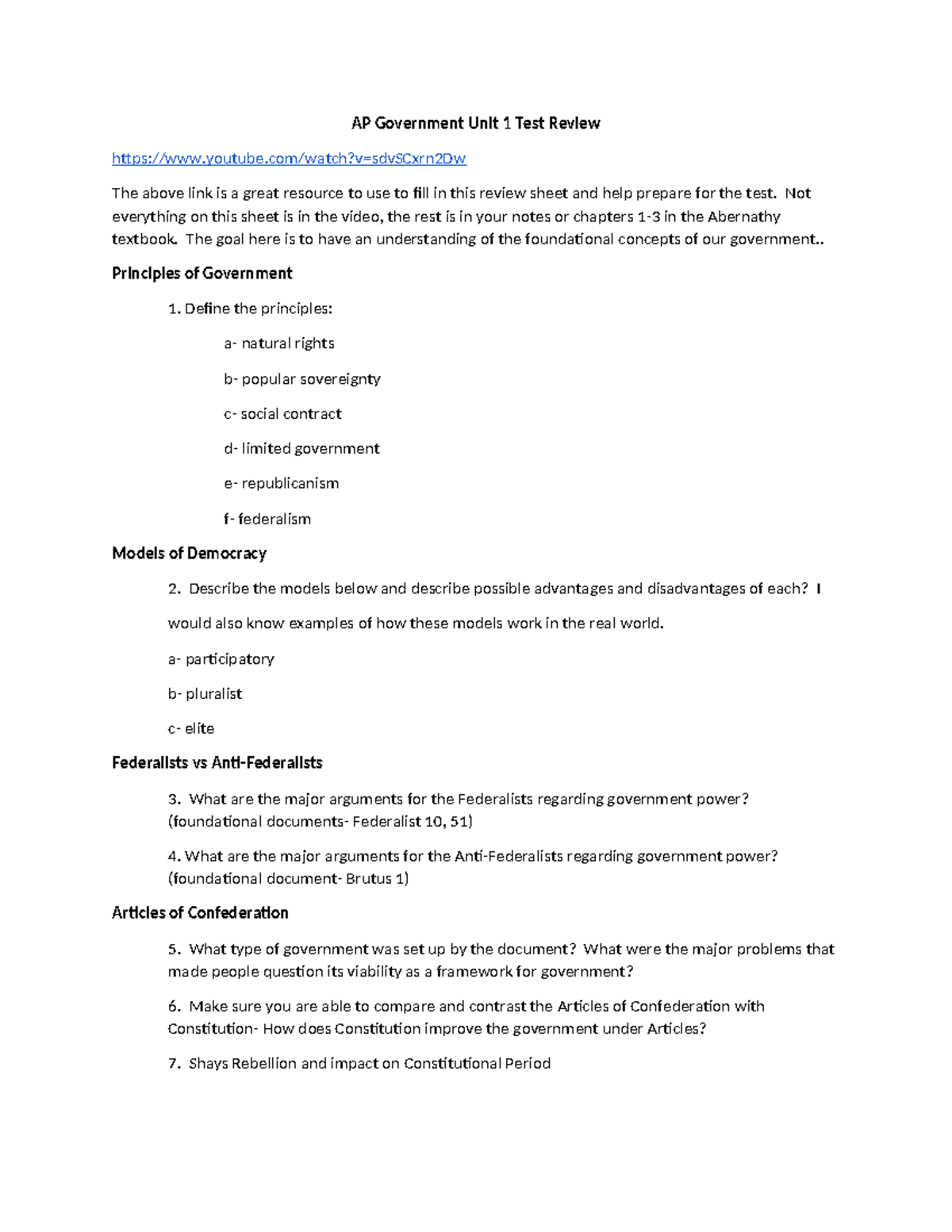 AP Gov Unit 1 Test Review Guide for 2024 Exam Prep - Studocu