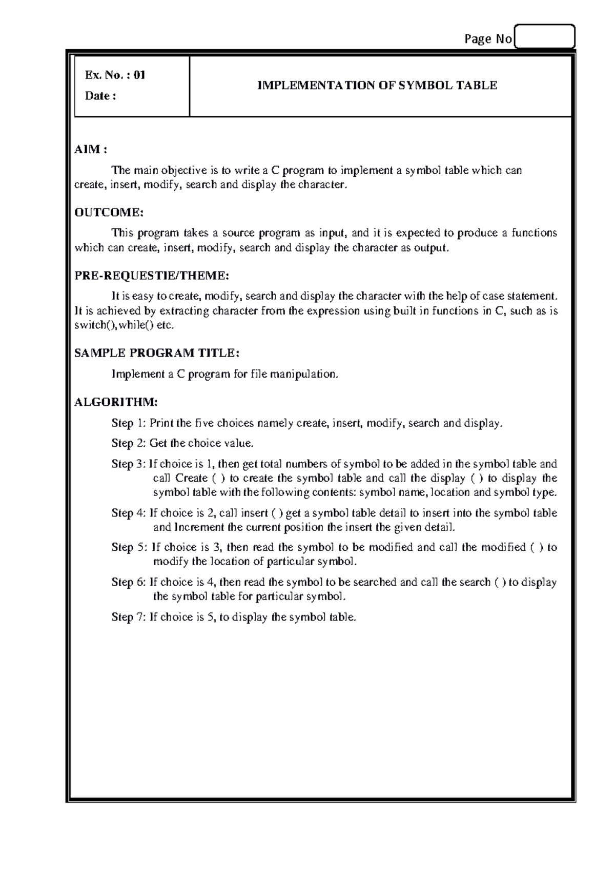 CS3501 Lab Manual: Implementation of Symbol Table in C - Studocu